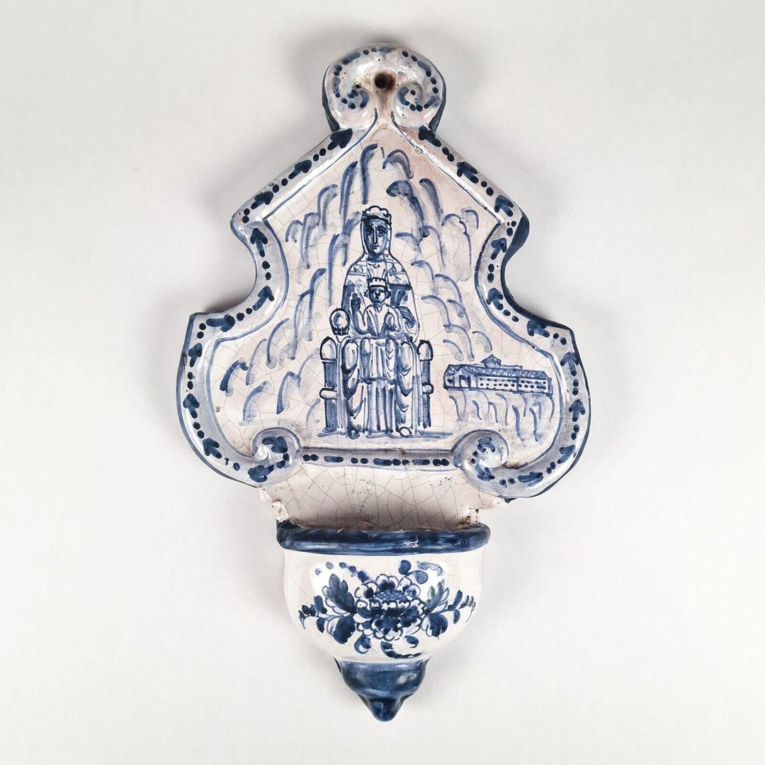 Spanish Pottery Holy Water Wall Font Blue and White Virgin of ...