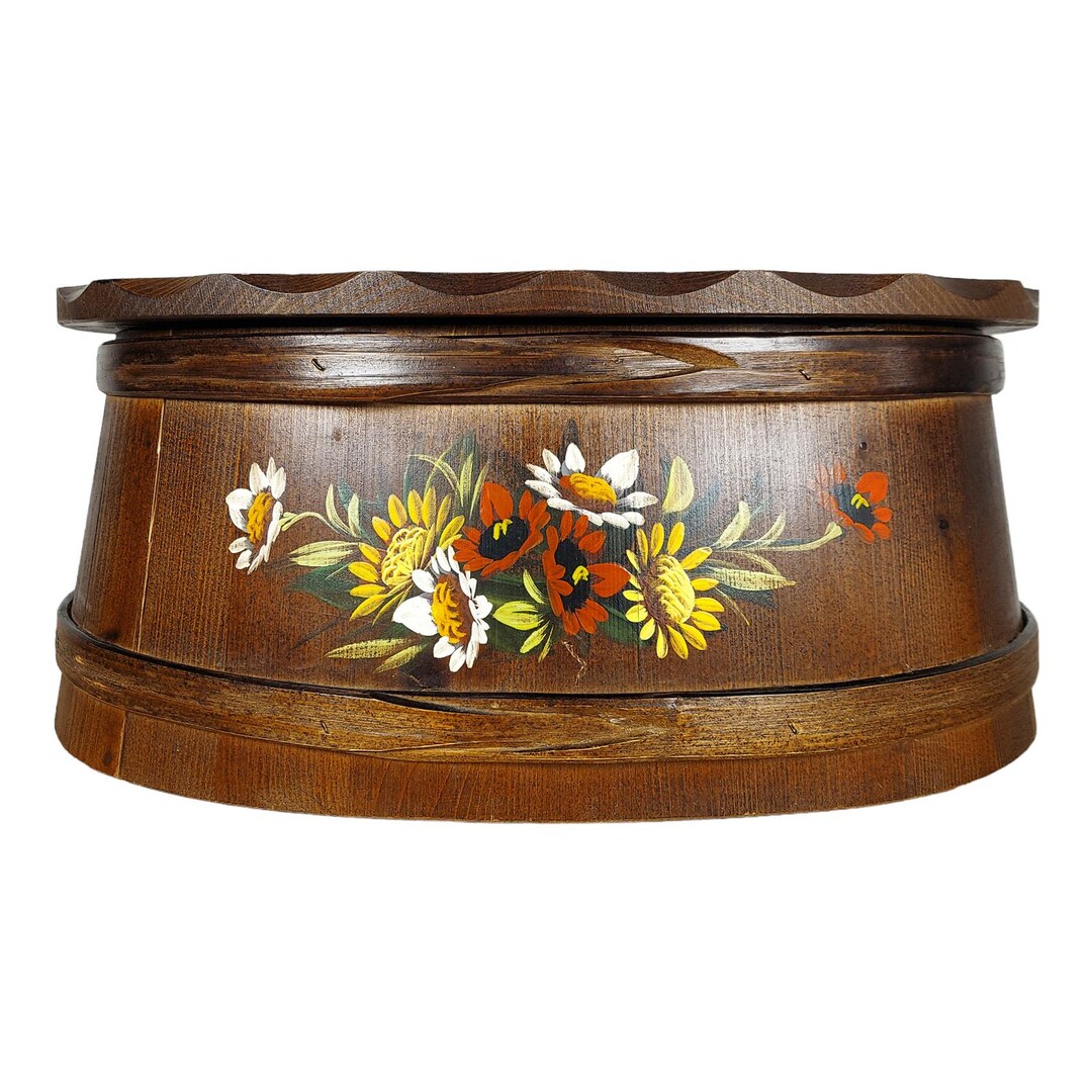 Vintage Wooden Hand Painted Barrel Box Folk Arts Crafts Floral Sewing ...