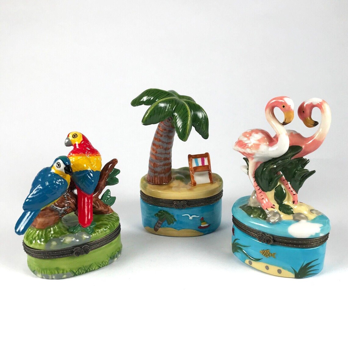 3 Ceramic Tropical Trinket Boxes Flamingos Palm Tree Parrots Hinged ...