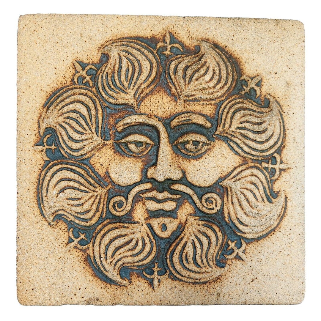 John Wenzel Studio Art Pottery Tile the Green Man Sun Face 8 Inch ...