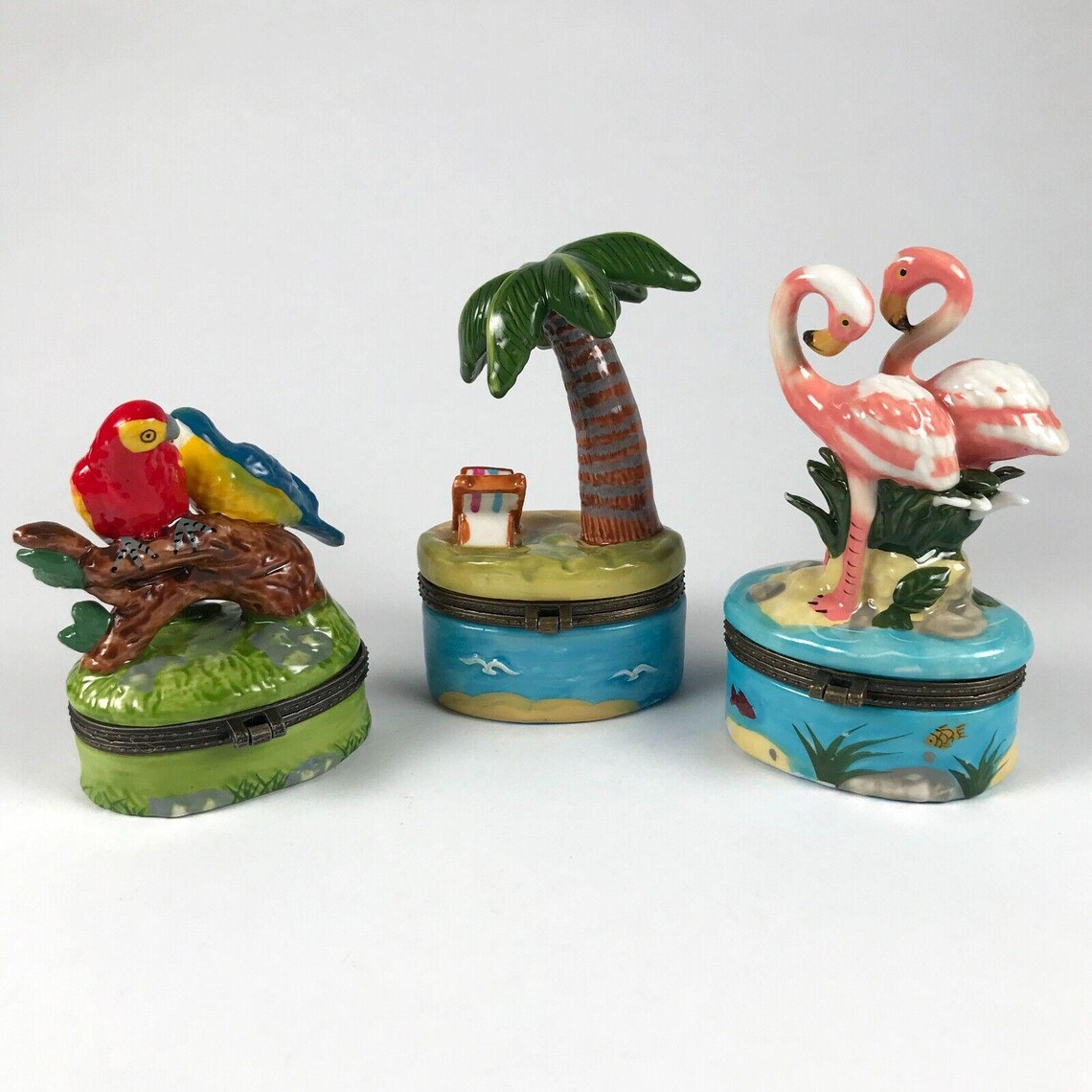 3 Ceramic Tropical Trinket Boxes Flamingos Palm Tree Parrots Hinged ...