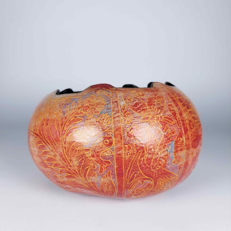 Hand Painted Gourd Art Bowl Animals Folk Art Fish Bird Flowers ...