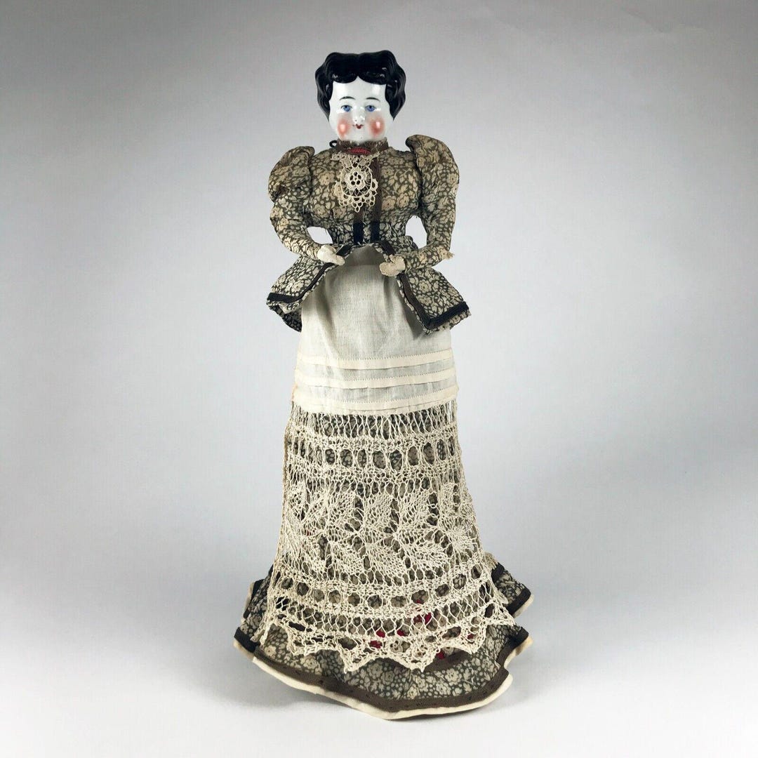 Hertwig German Porcelain Head Doll Period Costume Crocheted Antique ...