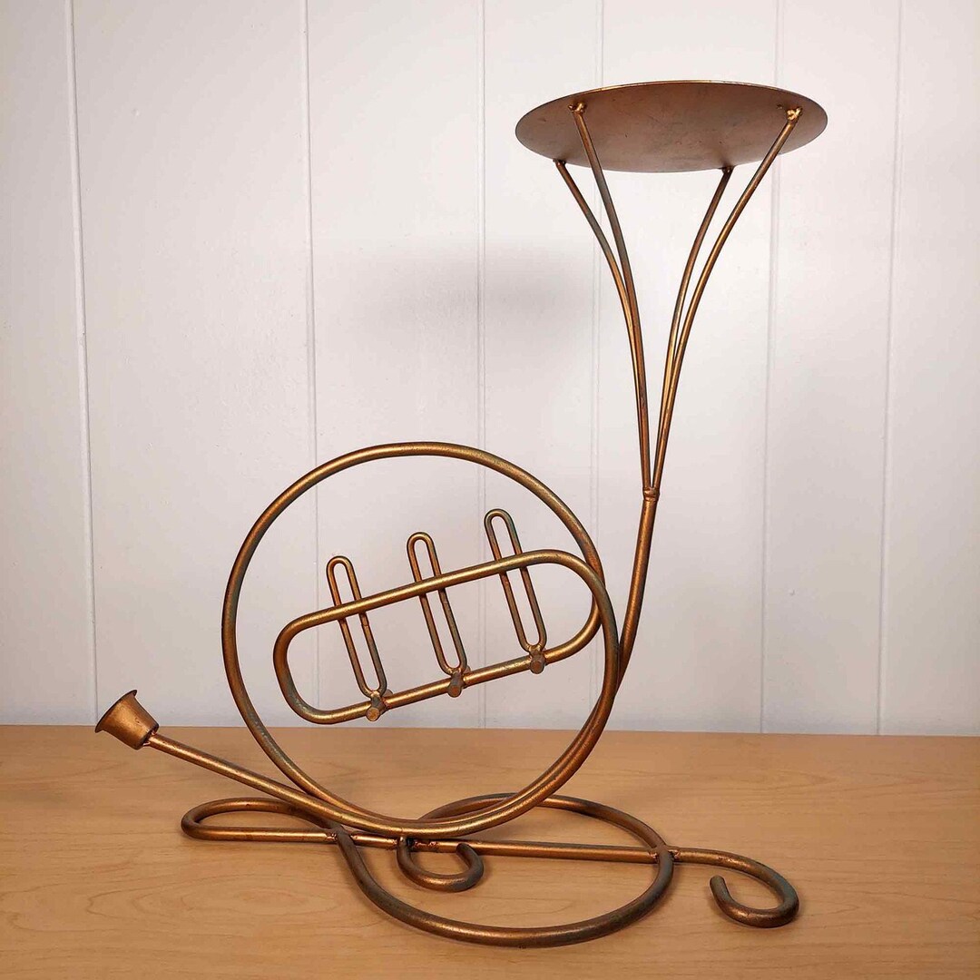 Vintage Wrought Iron Plant Stand French Horn Sculpture G Clef Musician ...