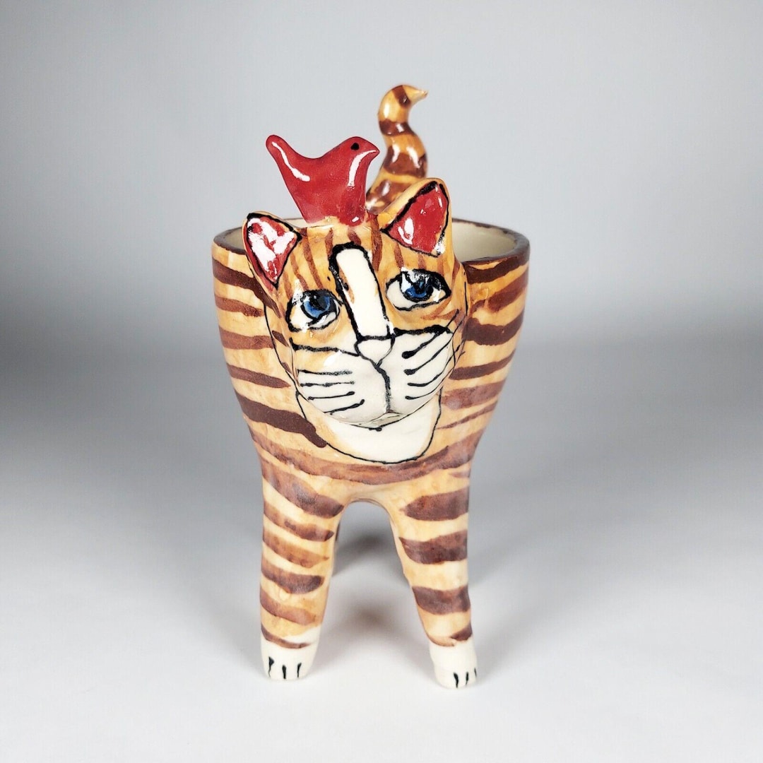 Studio Art Pottery Cat Planter Handmade and Painted Tabby Cat Long Legs ...