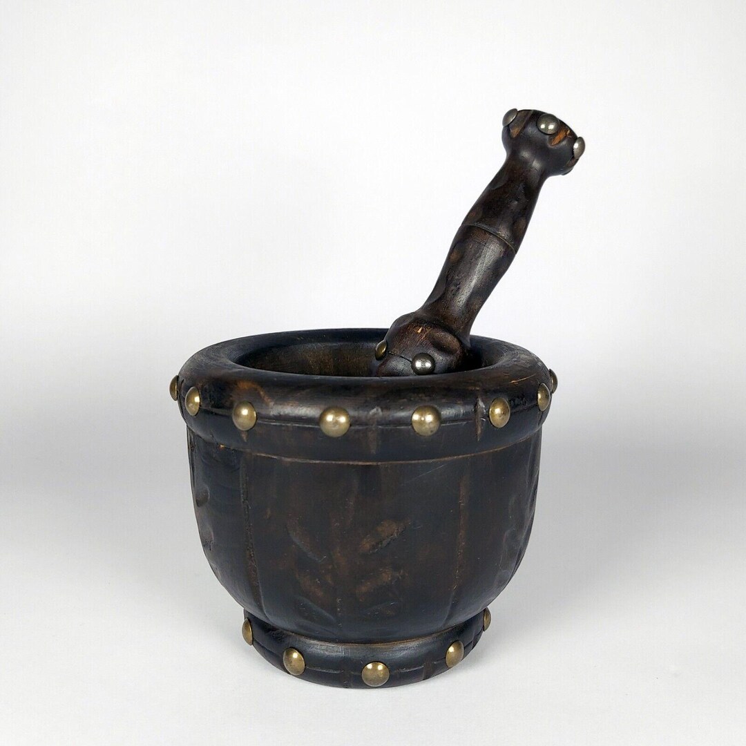 Vtg Mortar and Pestle Primitive Wooden Studs Medieval Apothecary Carved ...