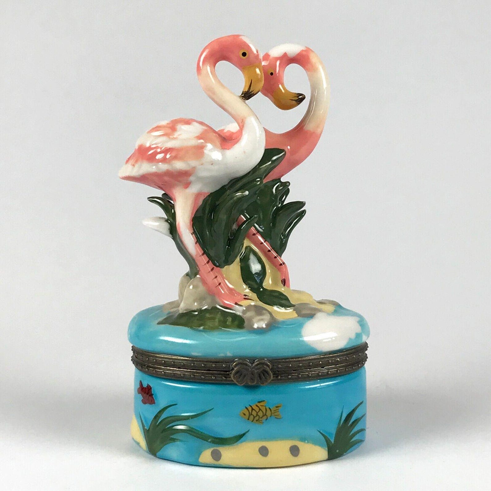 3 Ceramic Tropical Trinket Boxes Flamingos Palm Tree Parrots Hinged ...