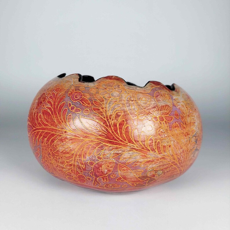 Hand Painted Gourd Art Bowl Animals Folk Art Fish Bird Flowers ...