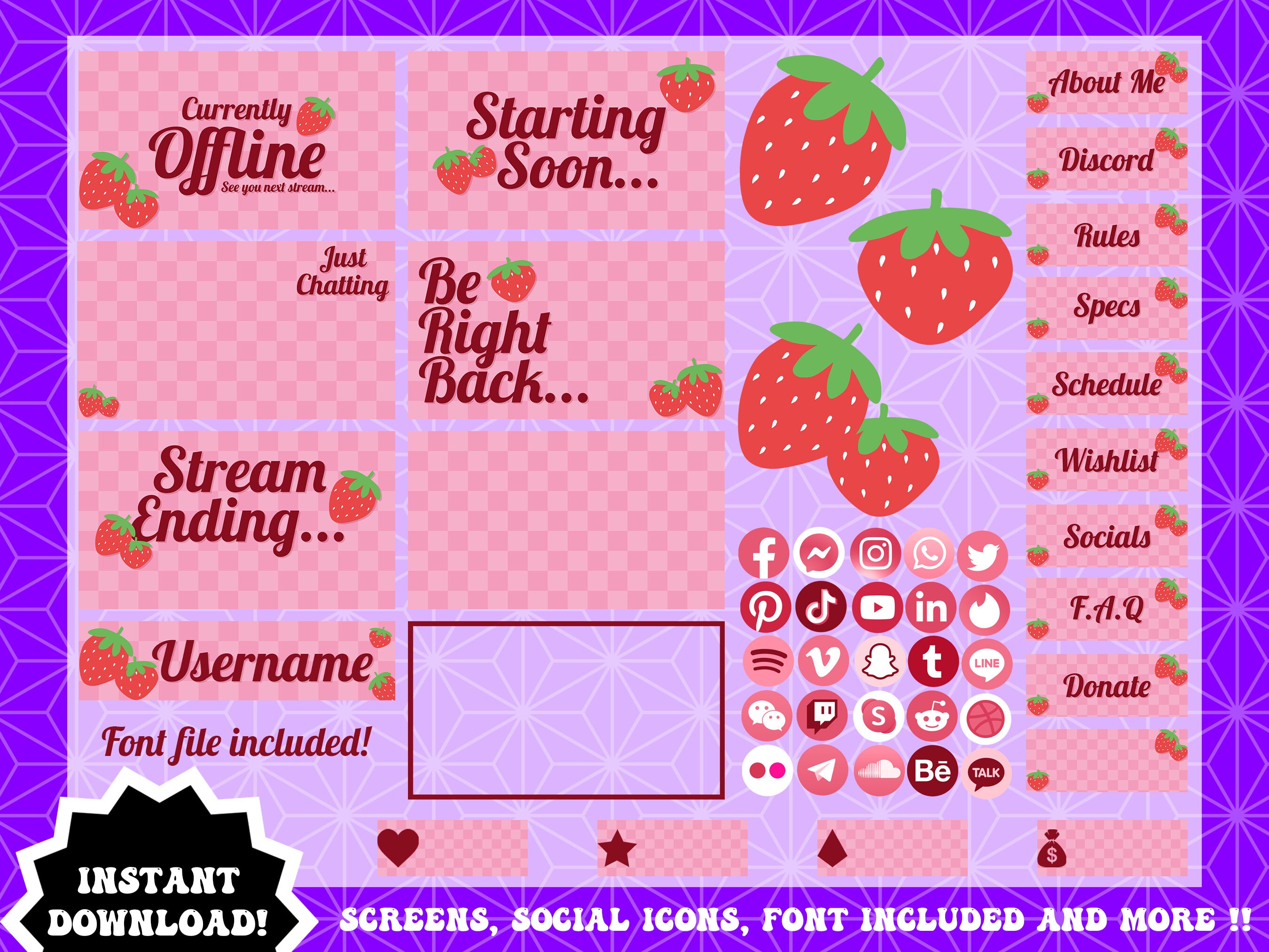 Cute Pink Strawberry Overlay Package, Twitch Stream Overlay Package ...
