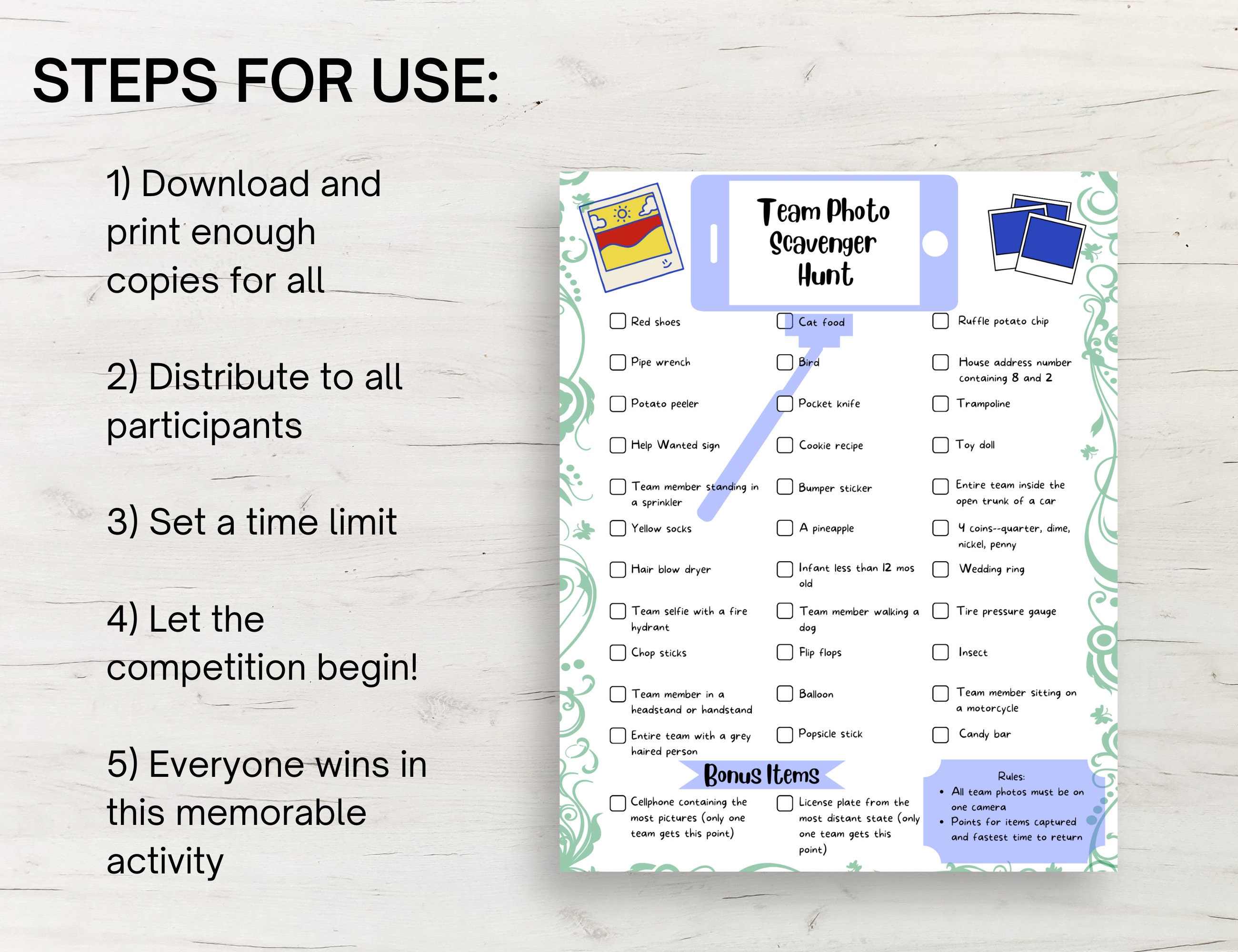 Team Photo Scavenger Hunt Printable Download - Etsy