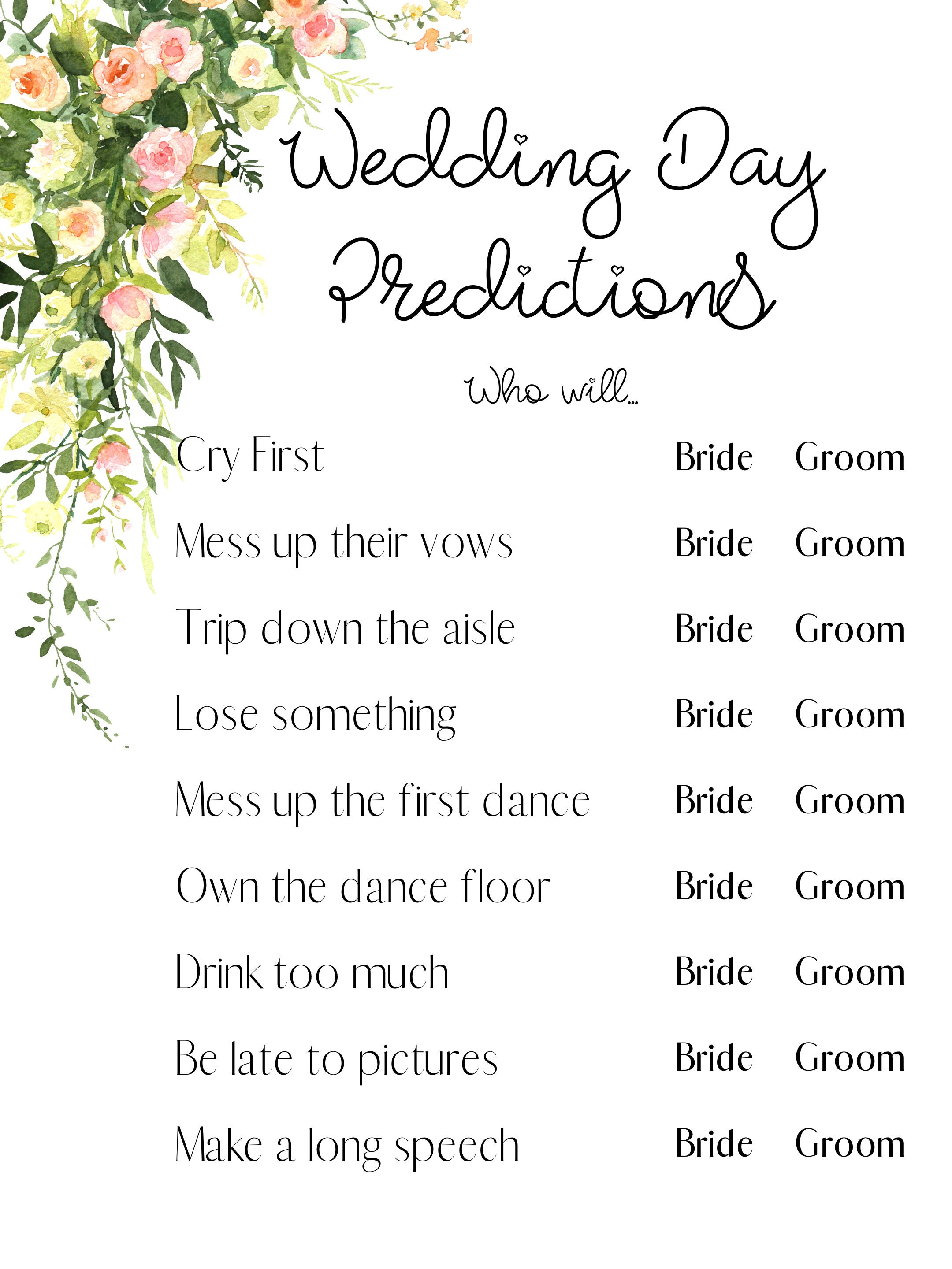 Floral Wedding Shower Game, Bridal Shower Game, Bridal Shower ...