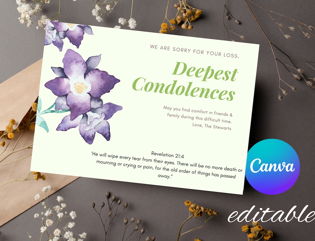 Editable Condolence Card, Condolence Template, Bereavement Card ...