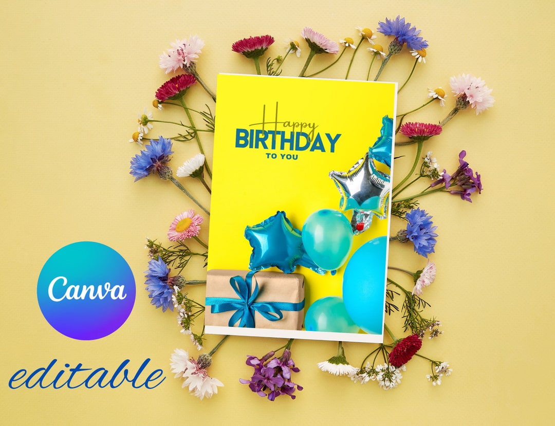Canva Editable Happy Birthday Card, Gift Box and Ballons, Card Template ...