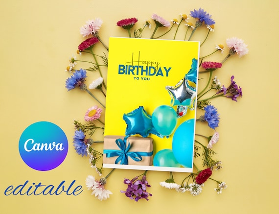 Canva Editable Happy Birthday Card Gift Box and Ballons Card - Etsy