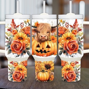Fall Tumbler With Highlander Cow in Pumpkin Patch, 40oz Fall Tumbler ...