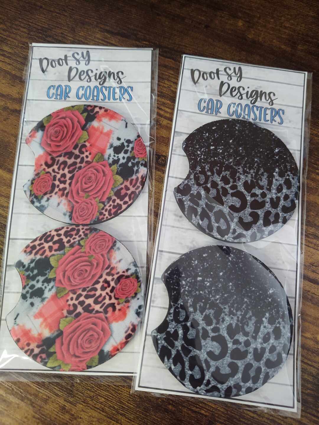 Leopard Print Set of 2 Car Coaster, Neoprene Car Coasters W Black and ...