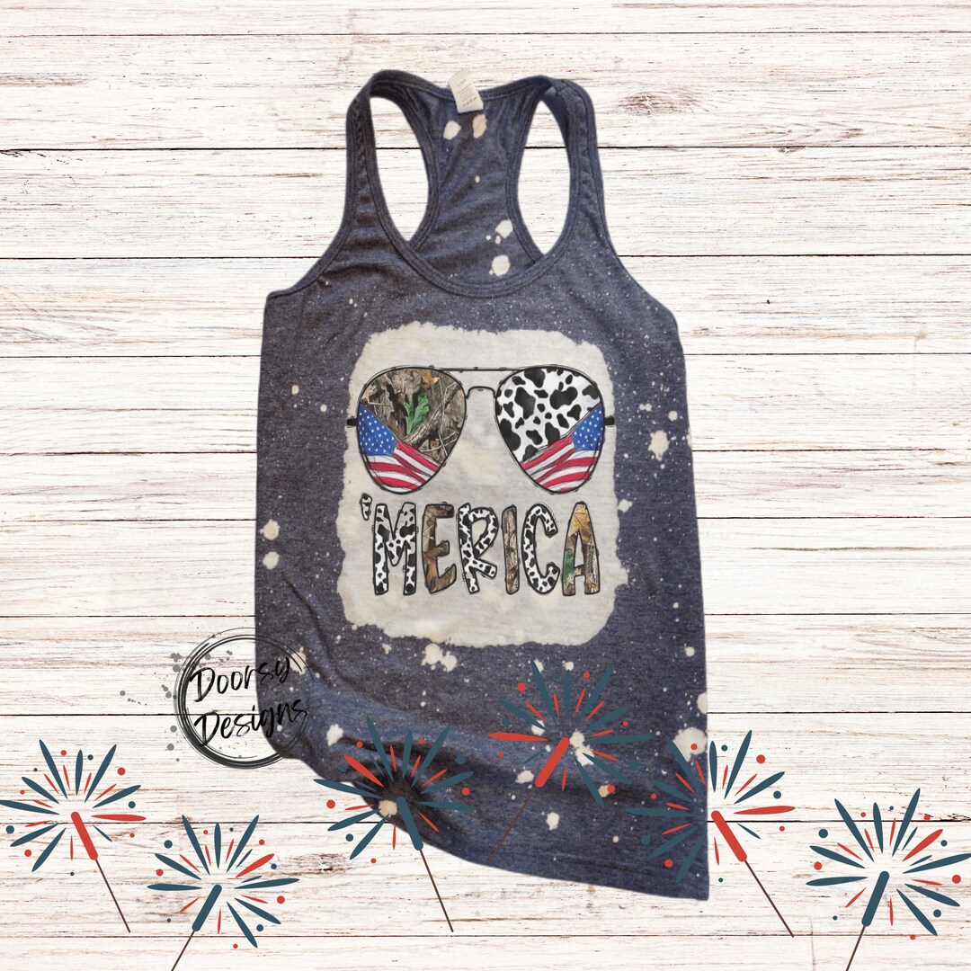MERICA 4th of July Tank Top With Sunglasses, Country Western Bleached ...
