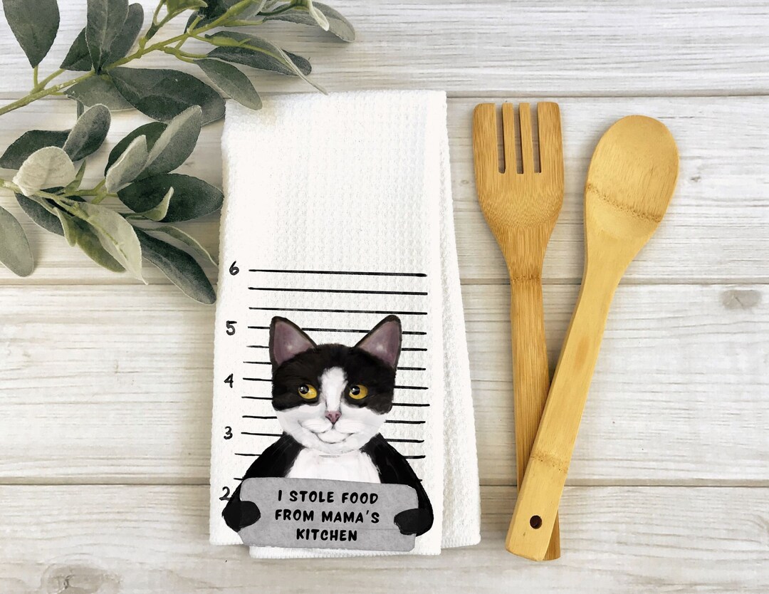 Personalized Funny Tuxedo Cat Kitchen Towel, Cat Mug Shot Dish Cloth ...