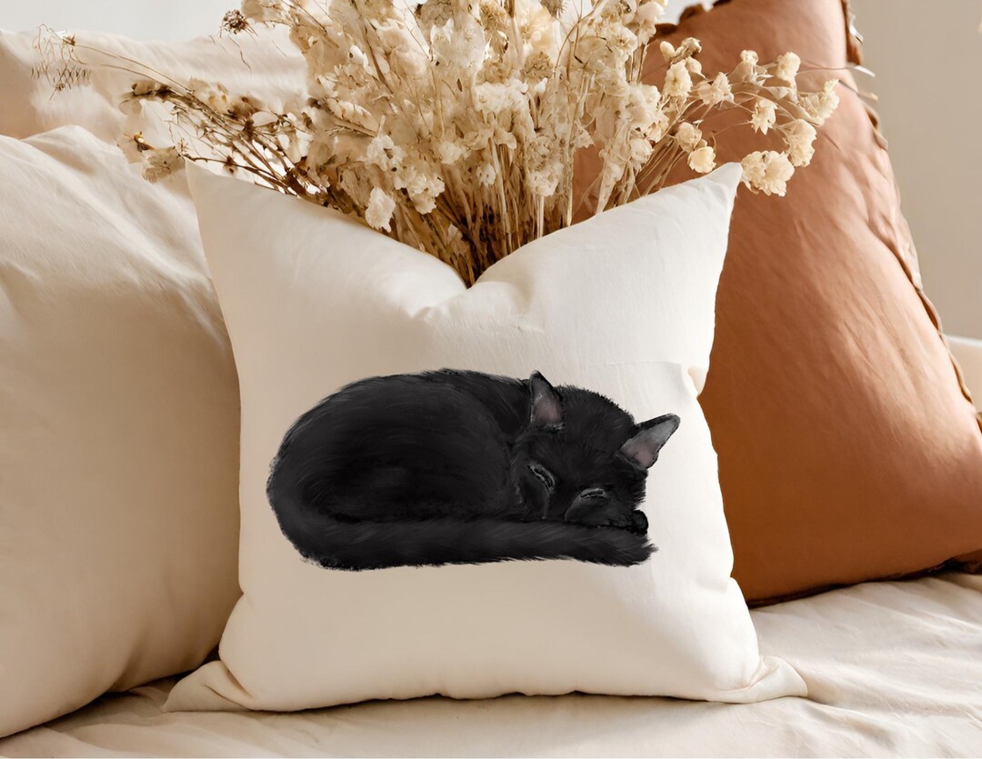 Sleeping Black Cat Name Pillow, Sleeping Cat Unique Pillow Cover, Cute ...