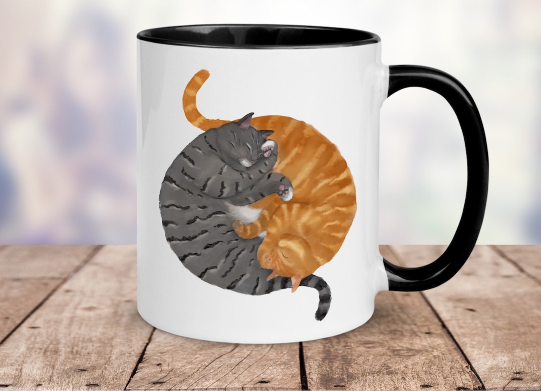 Sleeping Ginger and Gray Tabby Cat Mug, Two Cats Mug, Cuddled Kittens ...