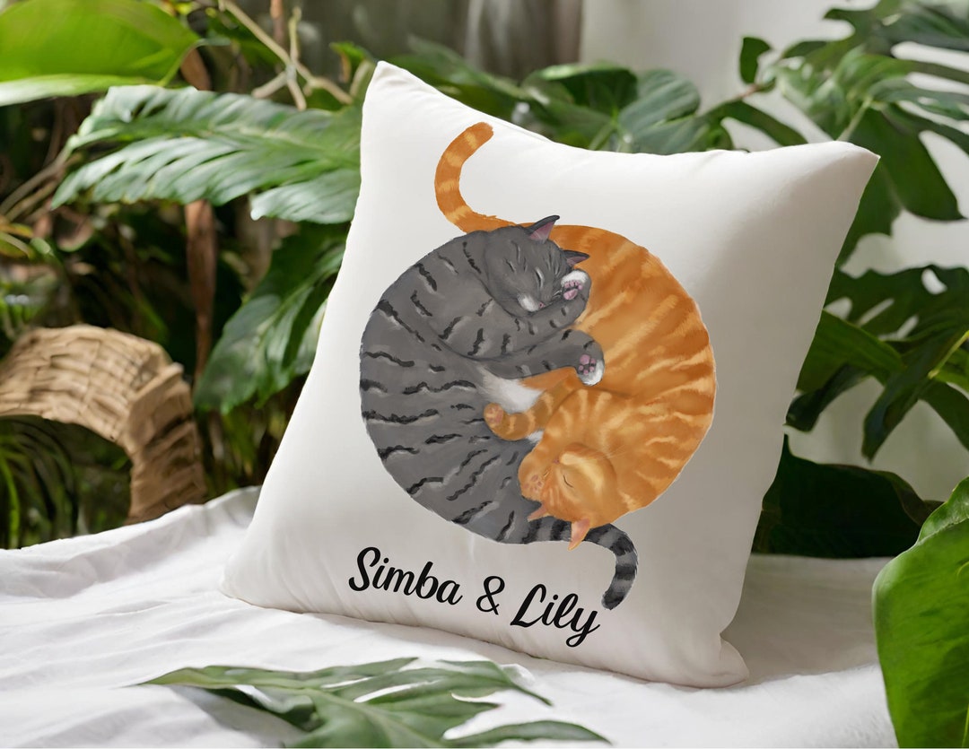 Personalized Cat Name Pillow, Sleeping Cats Pillow Cover, Cute Gray ...