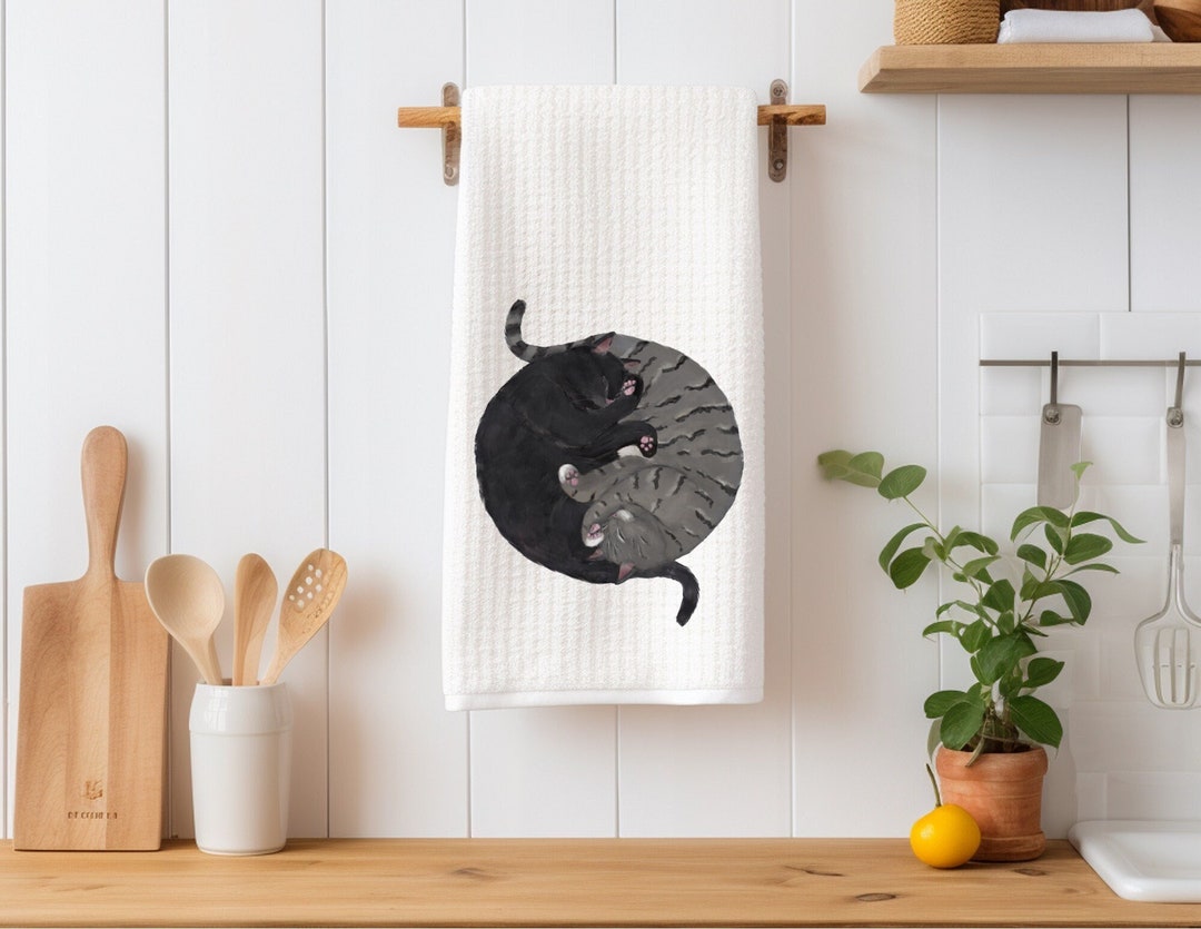 Personalized Cat Kitchen Towel, Unique Sleeping Black and Gray Tabby ...