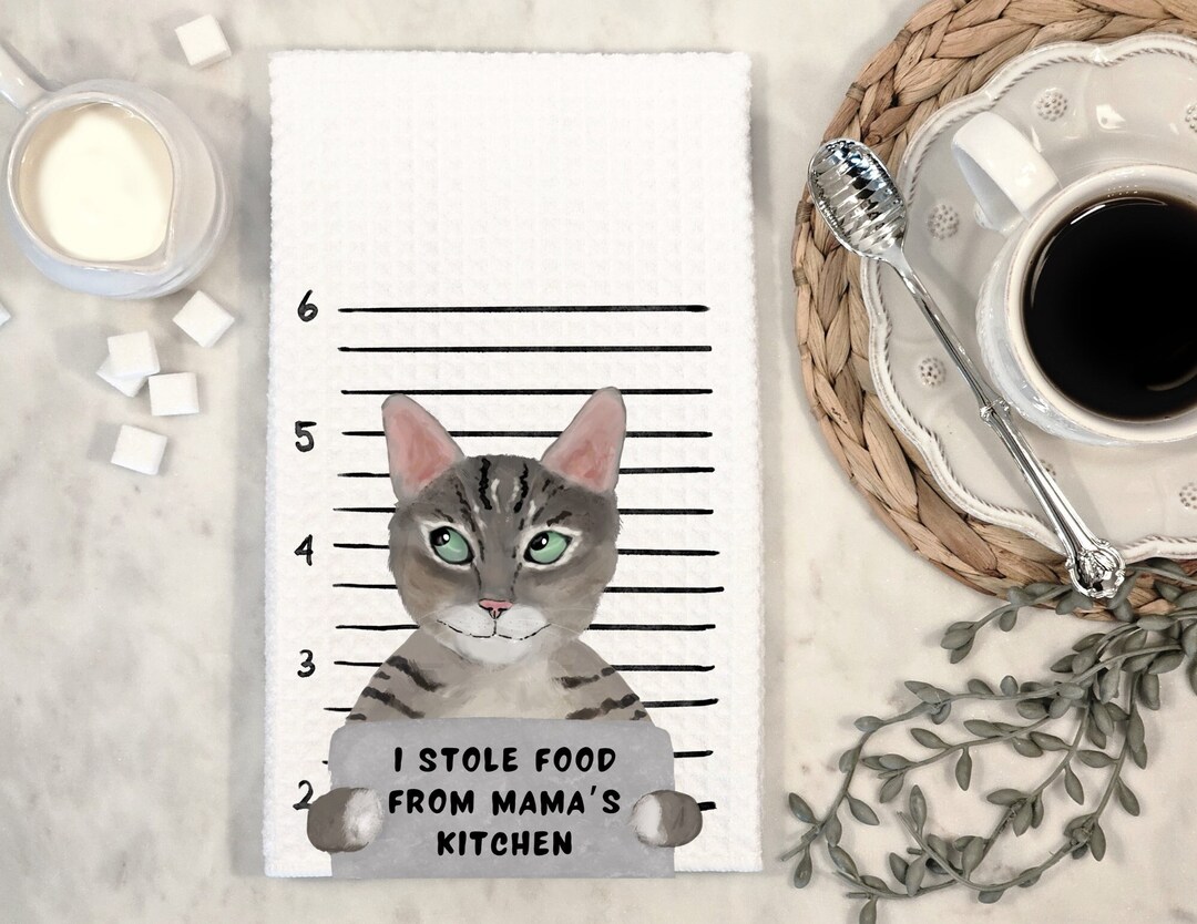 Funny Gray Tabby Cat Kitchen Towel, Personalized Cat Mug Shot Dish ...