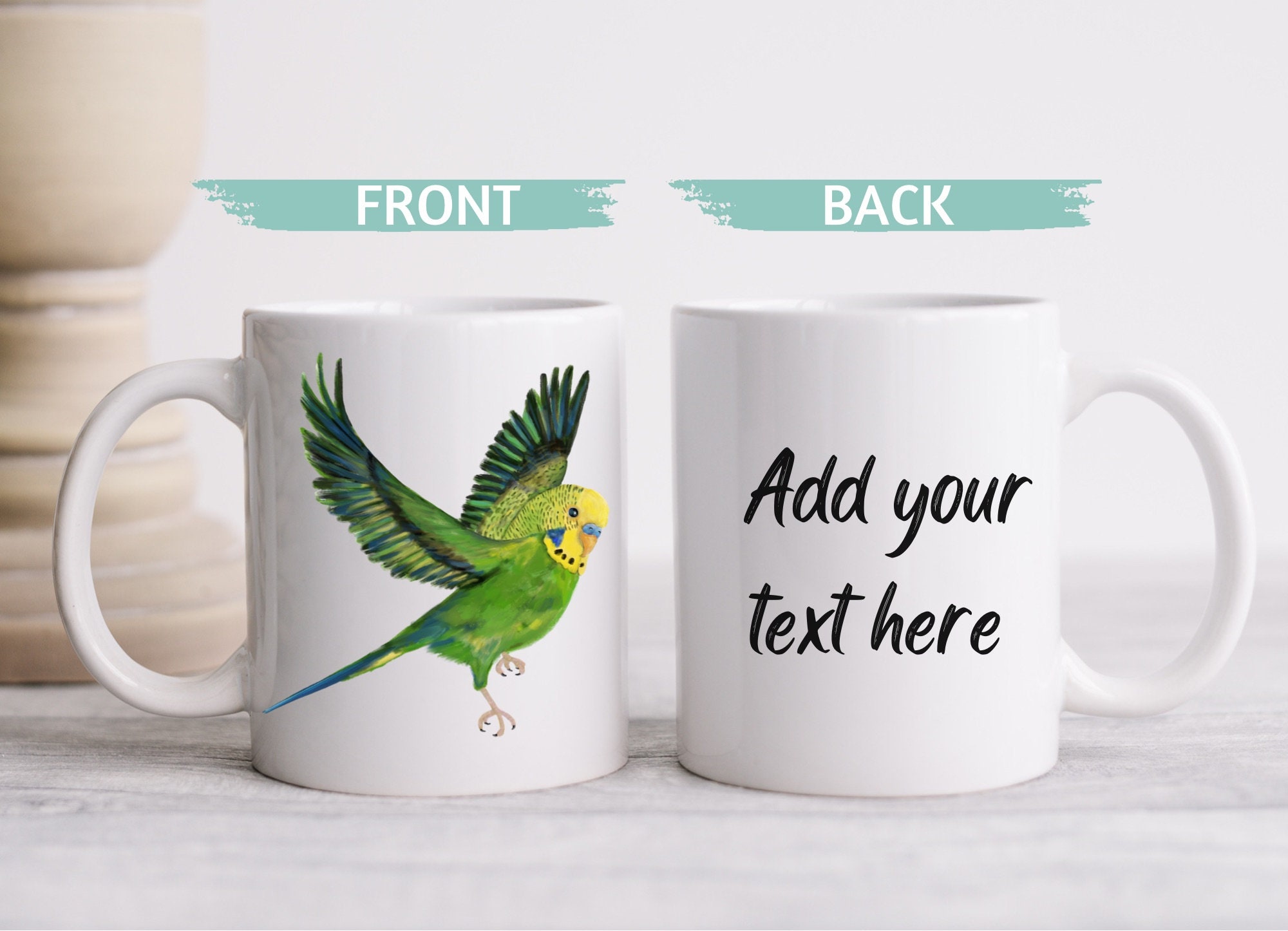 Personalized Green Parakeet Mug, Bird Mom Mug, Original Bird Memorial ...