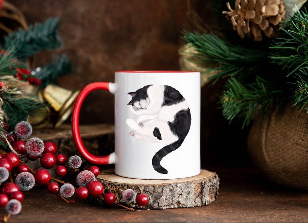 Customized Sleeping Tuxedo Cat Mug, Comfy Sleeping Black and White Cat ...