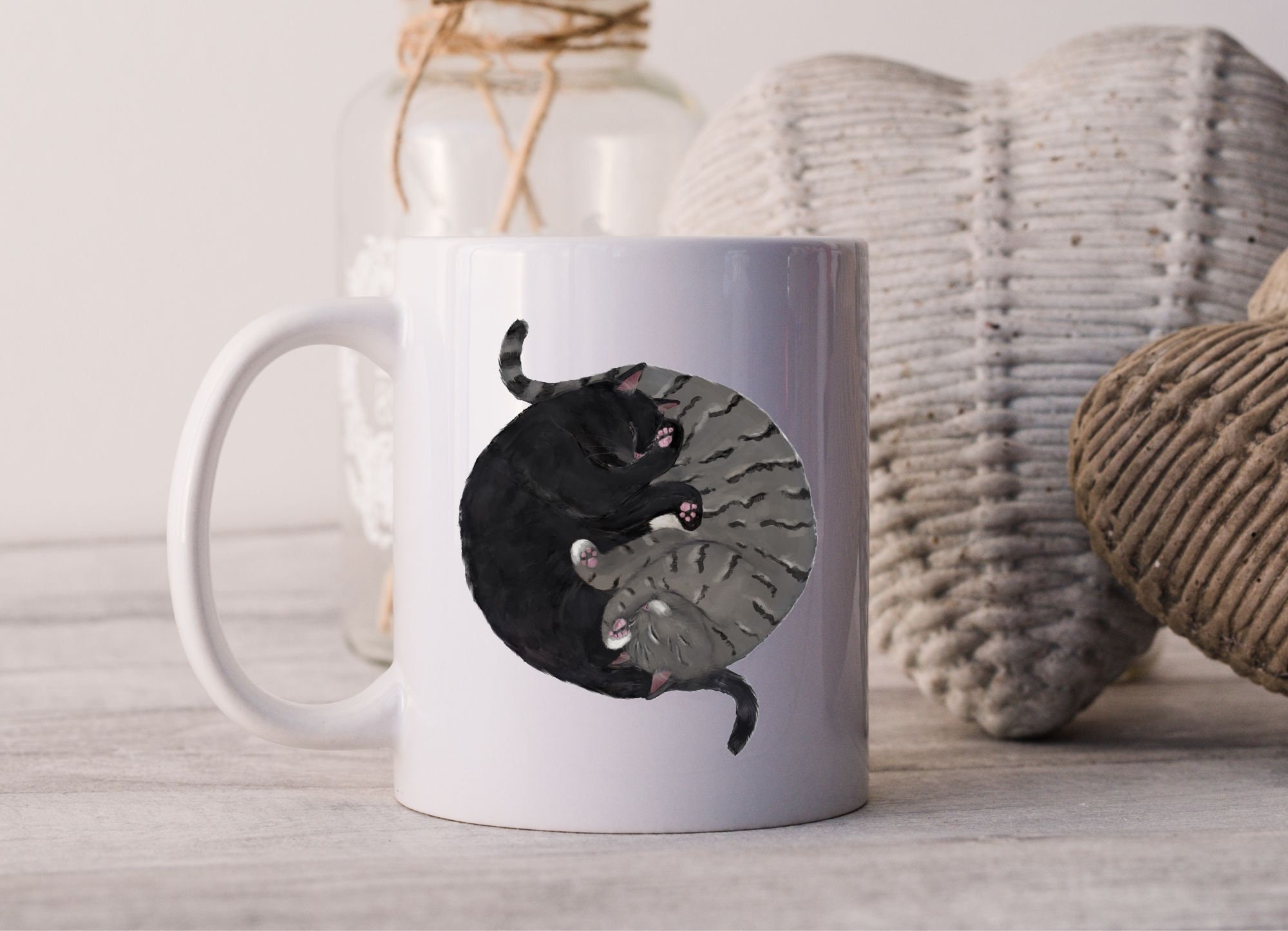 Sleeping Black Gray Tabby Cats Mug, Cuddled Cats, Animal Lover, Cute ...