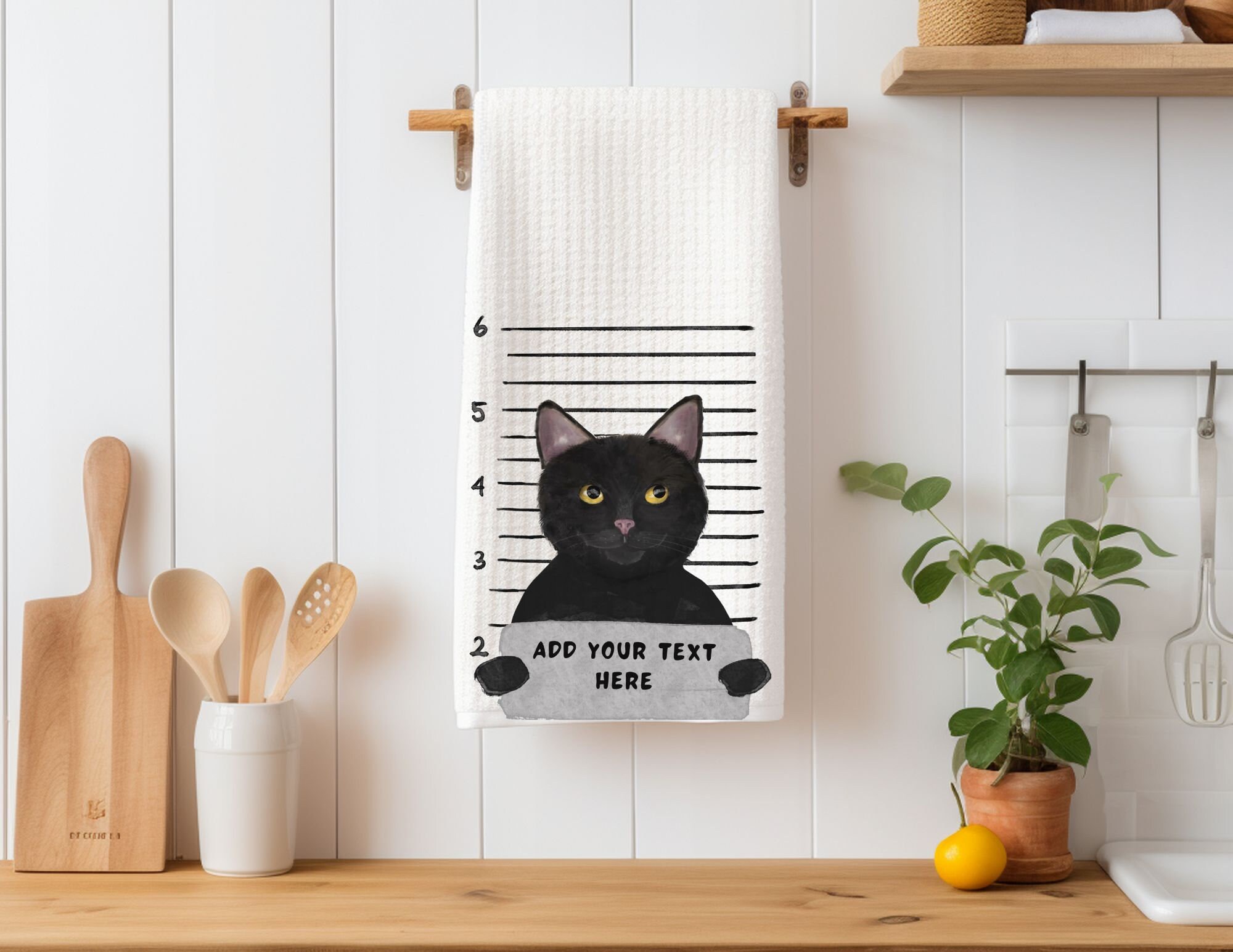 Personalized Funny Black Cat Kitchen Towel, Cat Mug Shot Dish Cloth ...