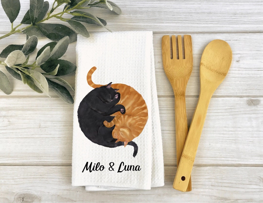 Personalized Cat Kitchen Towel, Unique Sleeping Black and Orange Cat ...