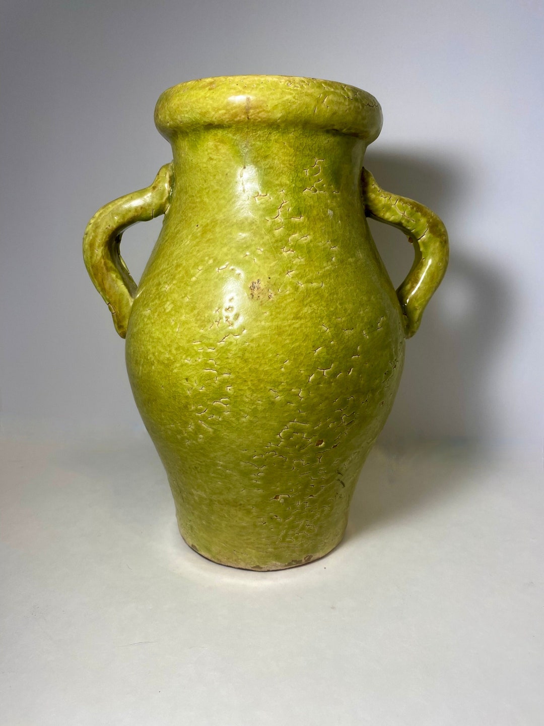 Vintage Lime Green Ceramic Vase With Handles, Mediterranean Tuscan Vase ...