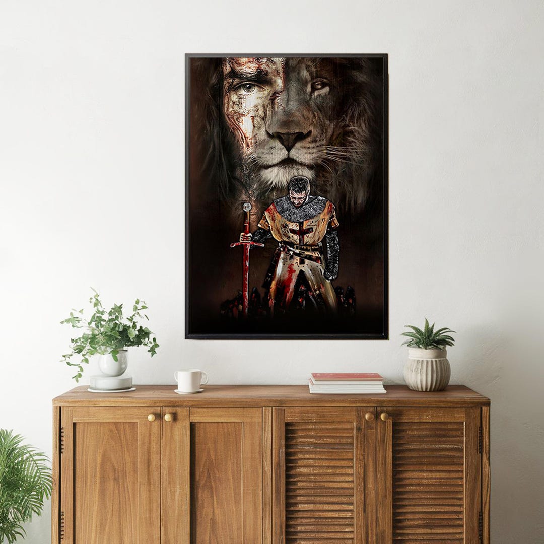 Vintage Half Face of Jesus & Half Face of Lion With Kneeling Knight ...