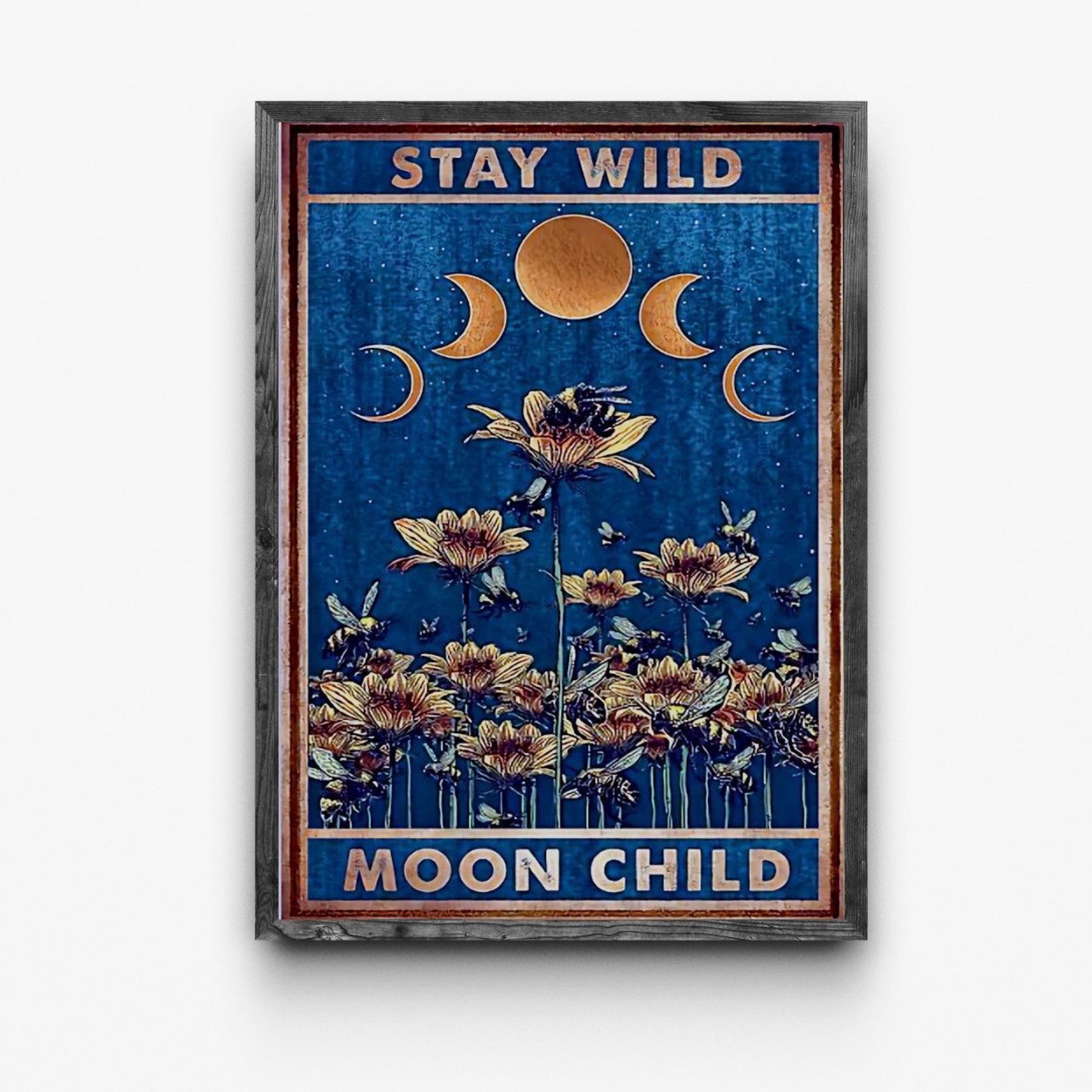 Retro Stay Wild Moon Child Poster, Moon and Sun Flower in Night Poster ...
