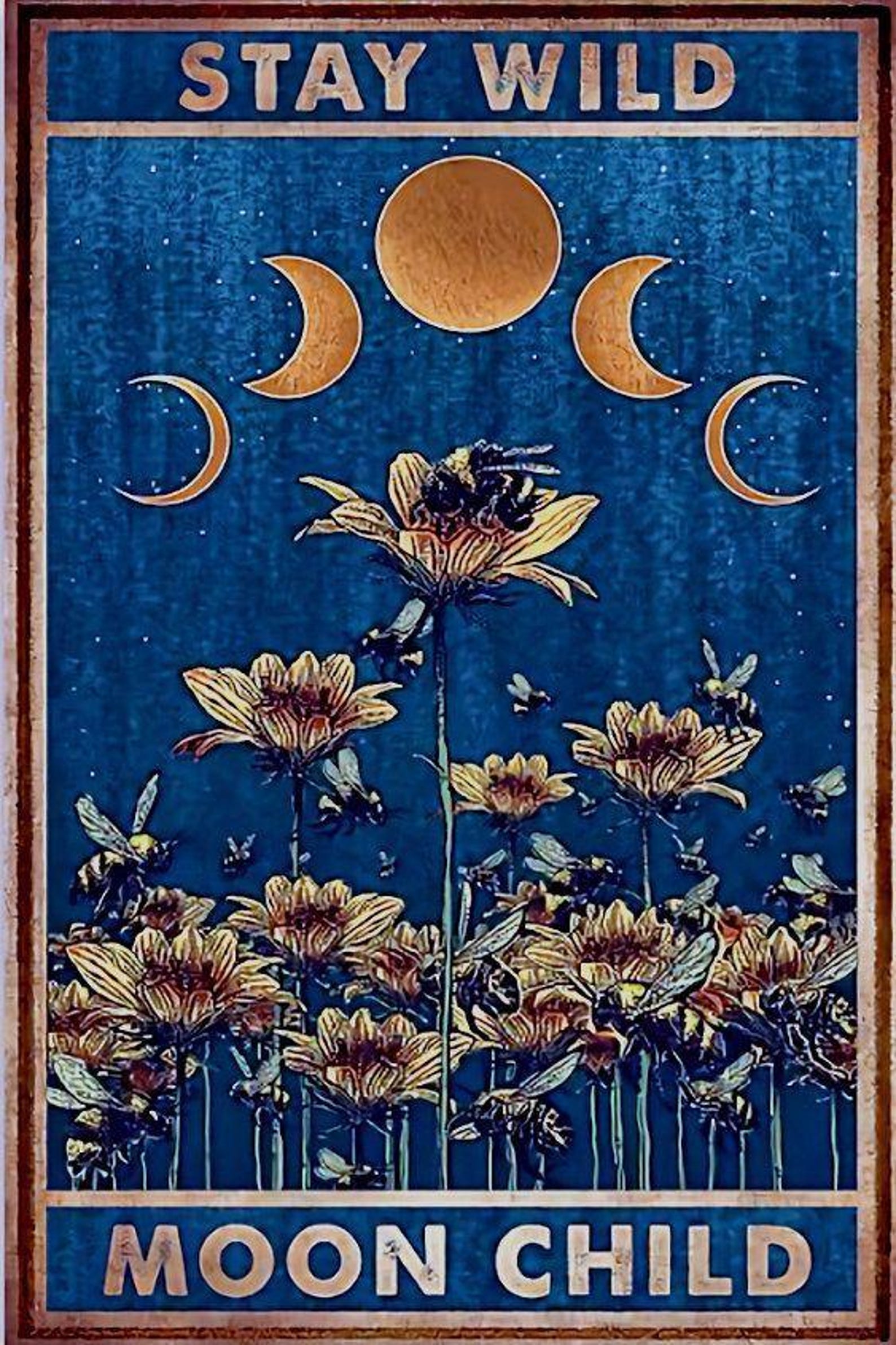 Retro Stay Wild Moon Child Poster, Moon and Sun Flower in Night Poster ...