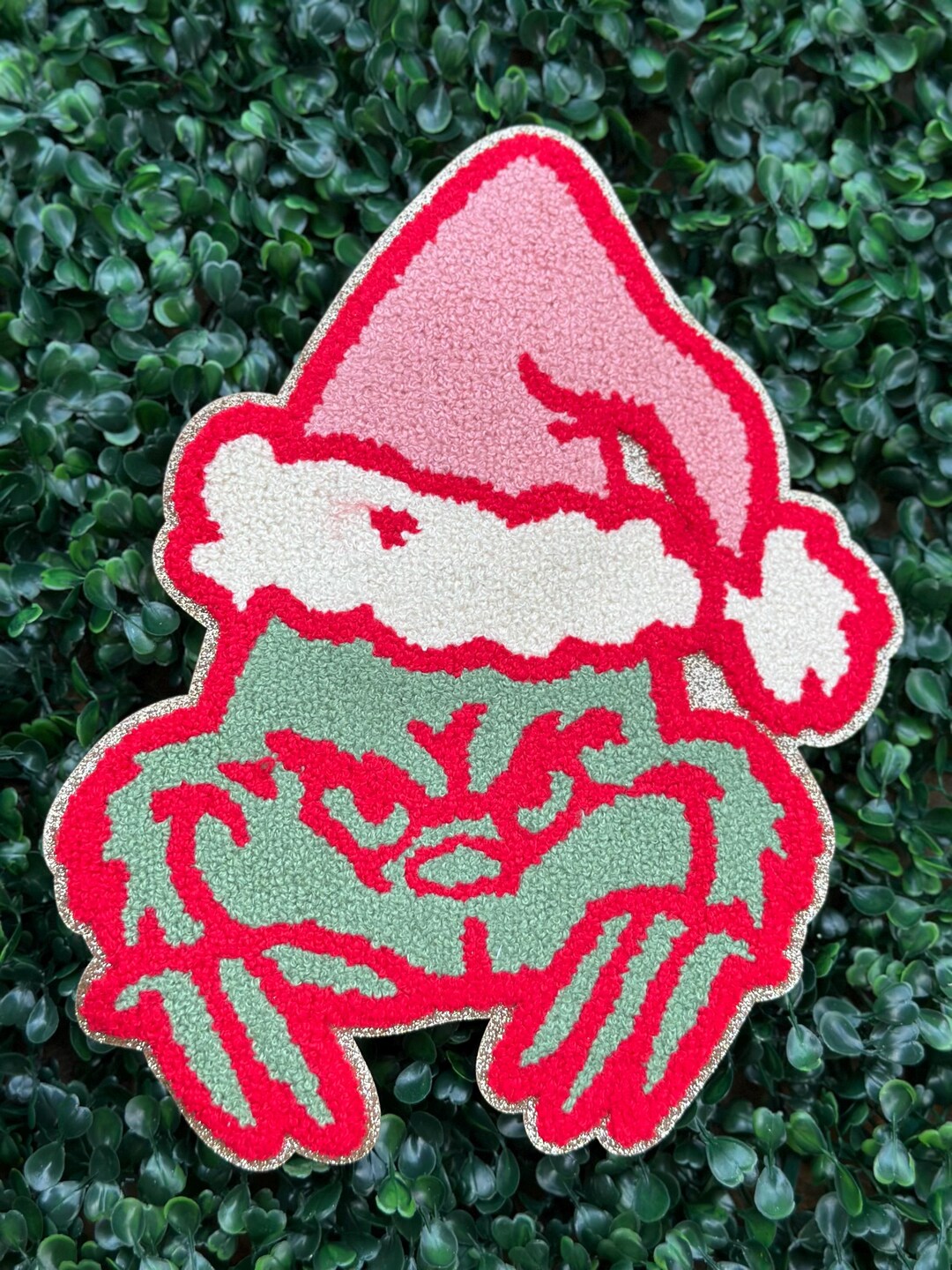 9 Chenille Sneaky Grinch Patch/black Glitter Trim/heat Press-iron On - Etsy