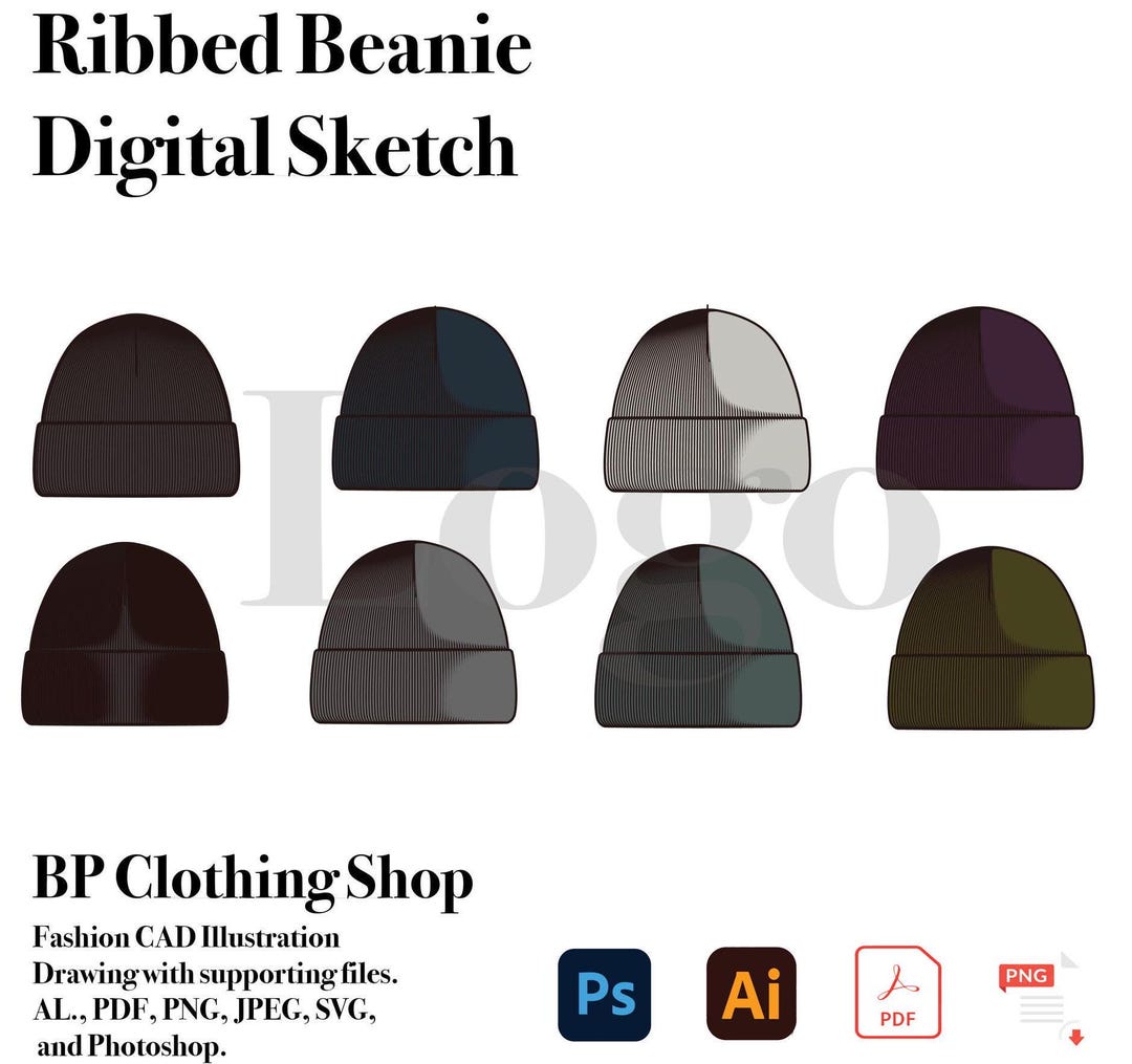 Beanie Vector Ribbed Digital Flat Sketch, Beanie Ribbed Vector Drawing ...