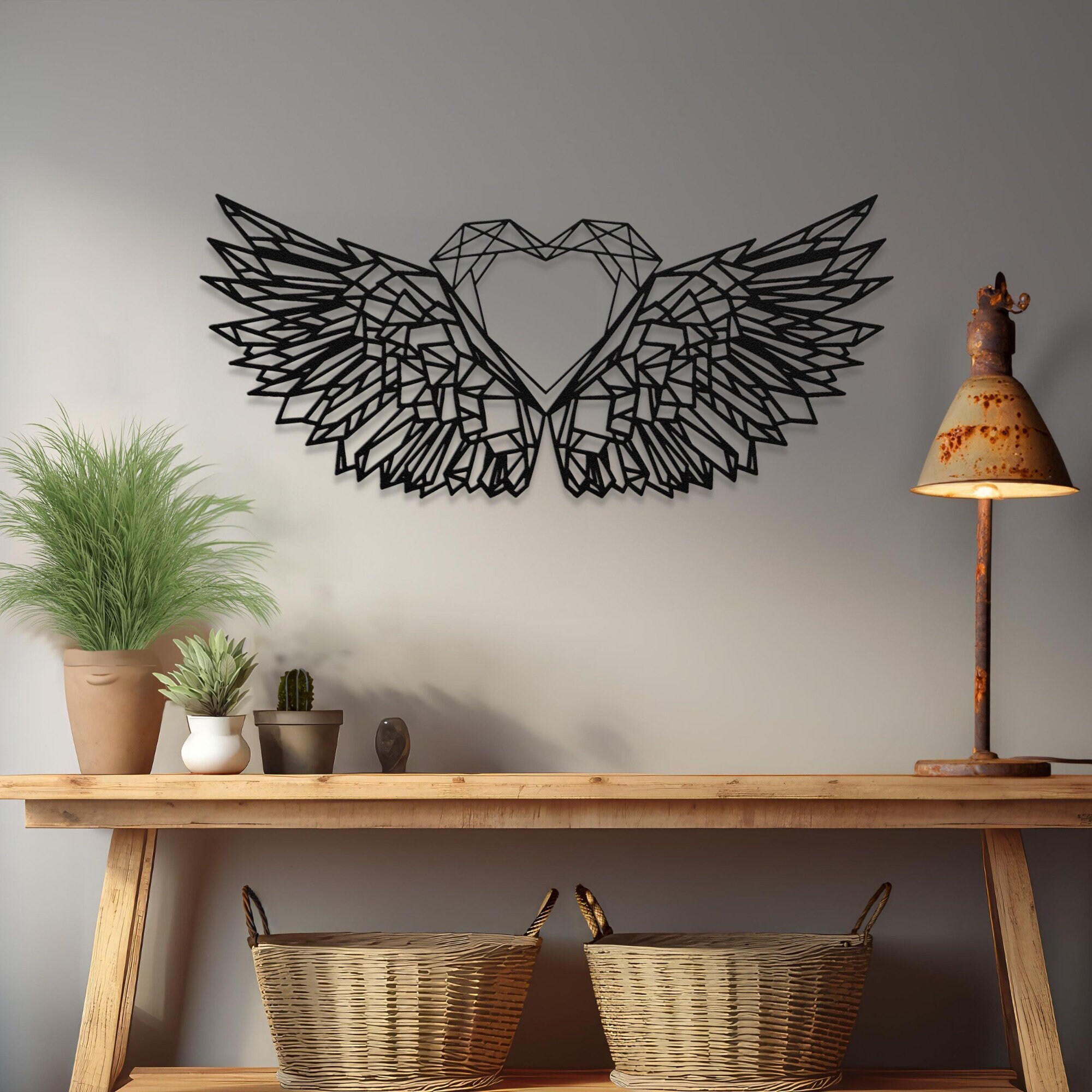 Geometric Angel Wings Metal Wall Art With Diamond Heart Spiritual Over ...