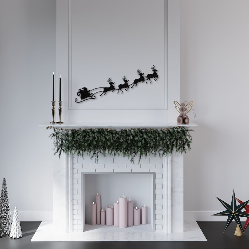 Jolly Santa Claus Sleigh With Flying Reindeer Christmas Metal Wall Sign ...