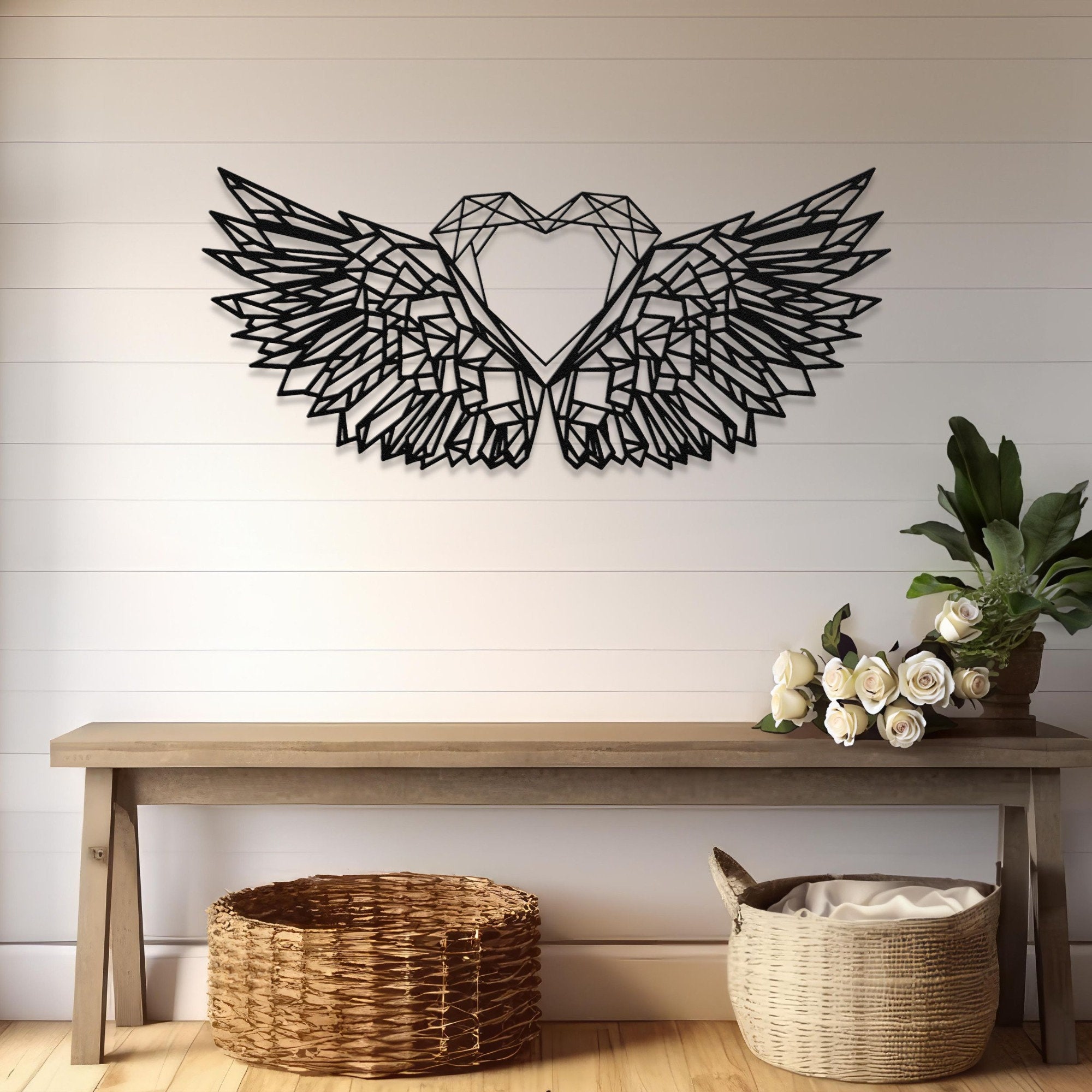 Geometric Angel Wings Metal Wall Art With Diamond Heart Spiritual Over ...