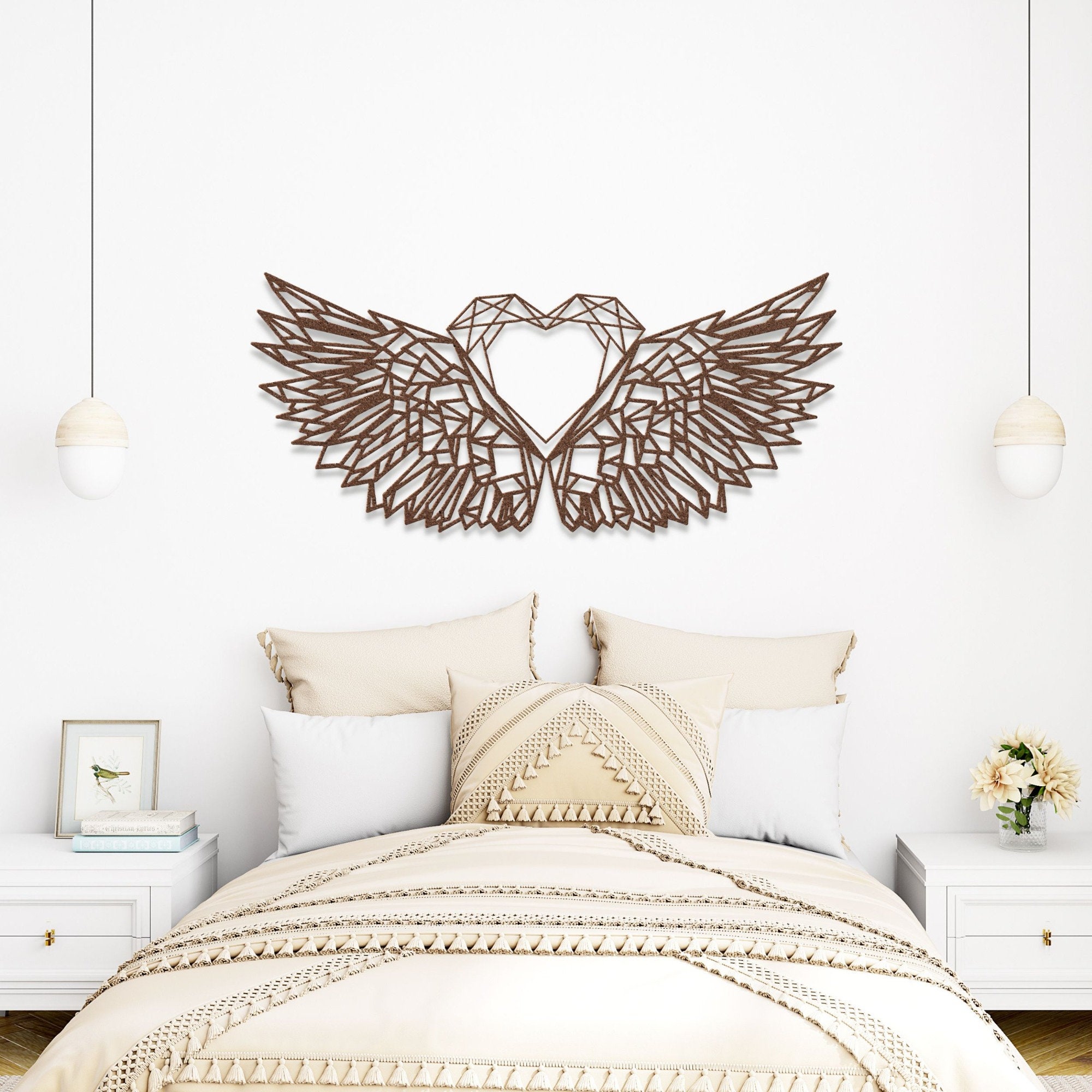 Geometric Angel Wings Metal Wall Art With Diamond Heart Spiritual Over ...