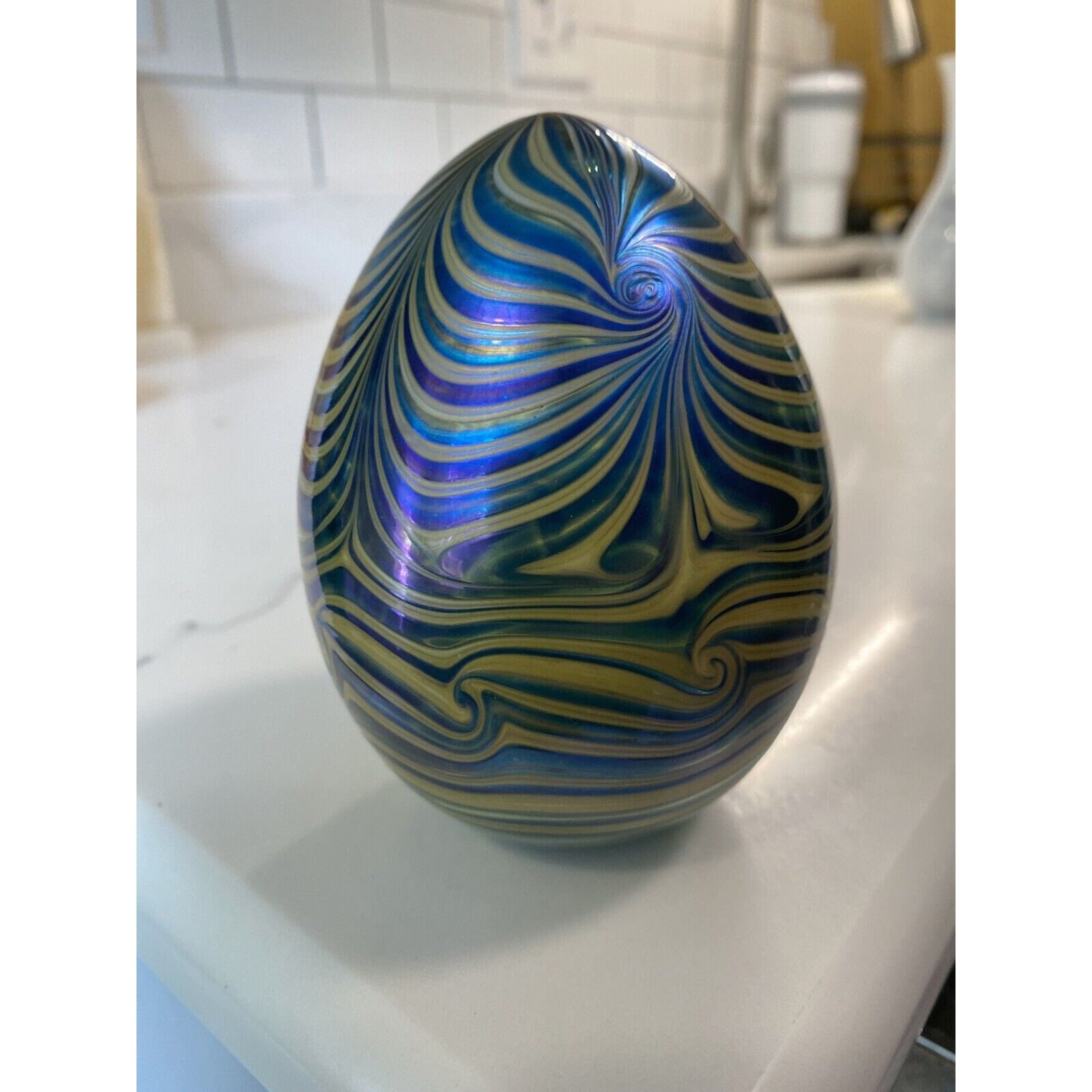 RARE LARGE Vandermark Art Glass Egg Paperweight Pulled Feather ...