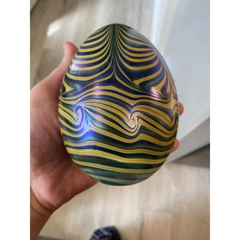 RARE LARGE Vandermark Art Glass Egg Paperweight Pulled Feather ...