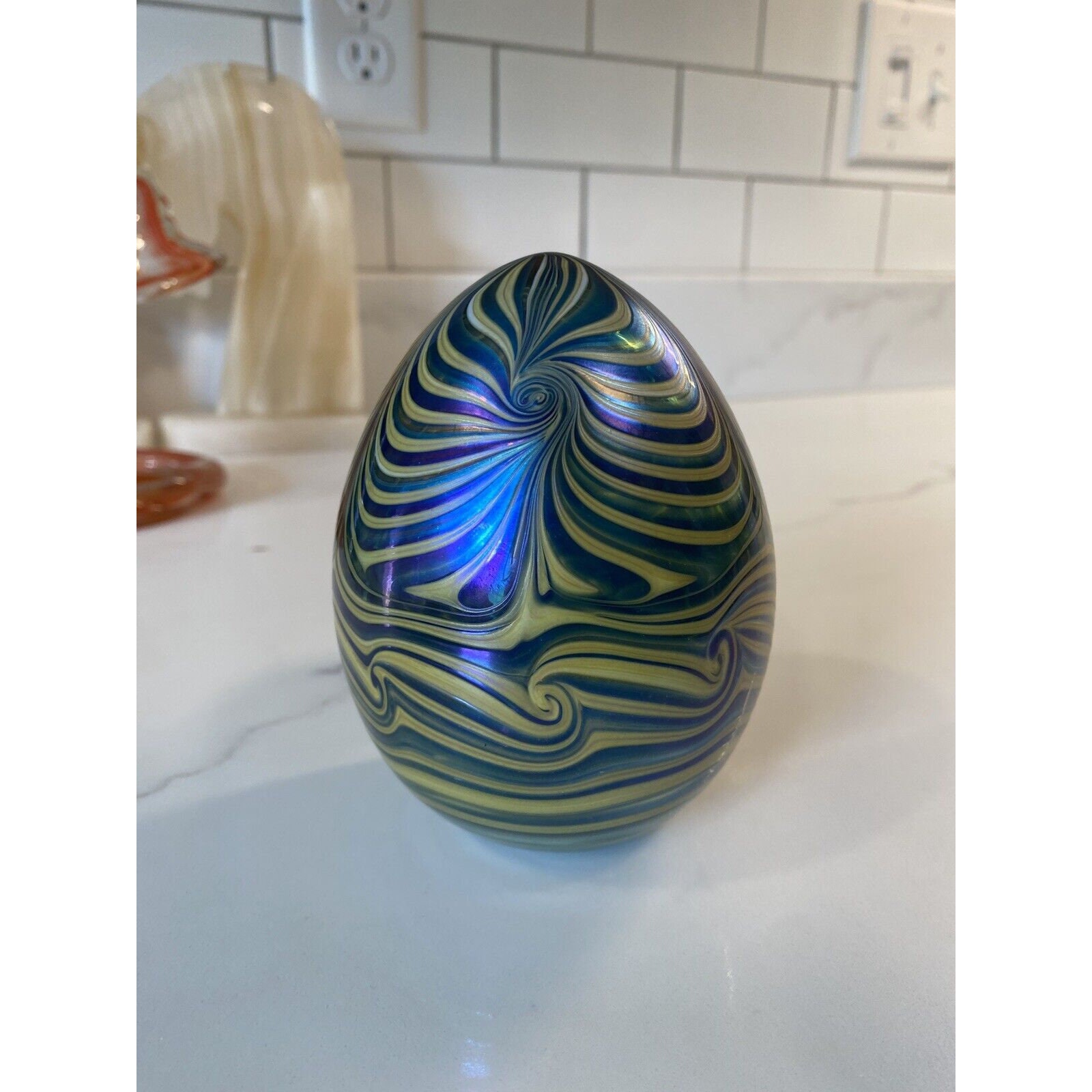 RARE LARGE Vandermark Art Glass Egg Paperweight Pulled Feather ...