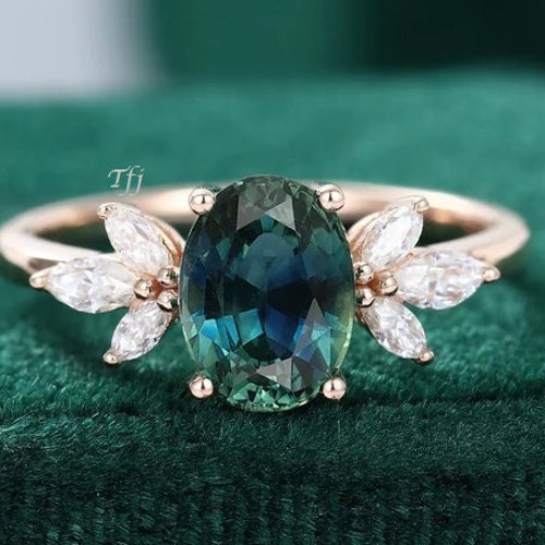 Oval Blue Green Sapphire Engagement Ring Vintage Unique - Etsy