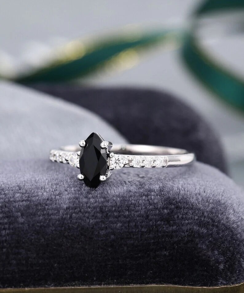 Black Onyx Marquise Cut Engagement Ring, 14k White Gold, Marquise Black ...