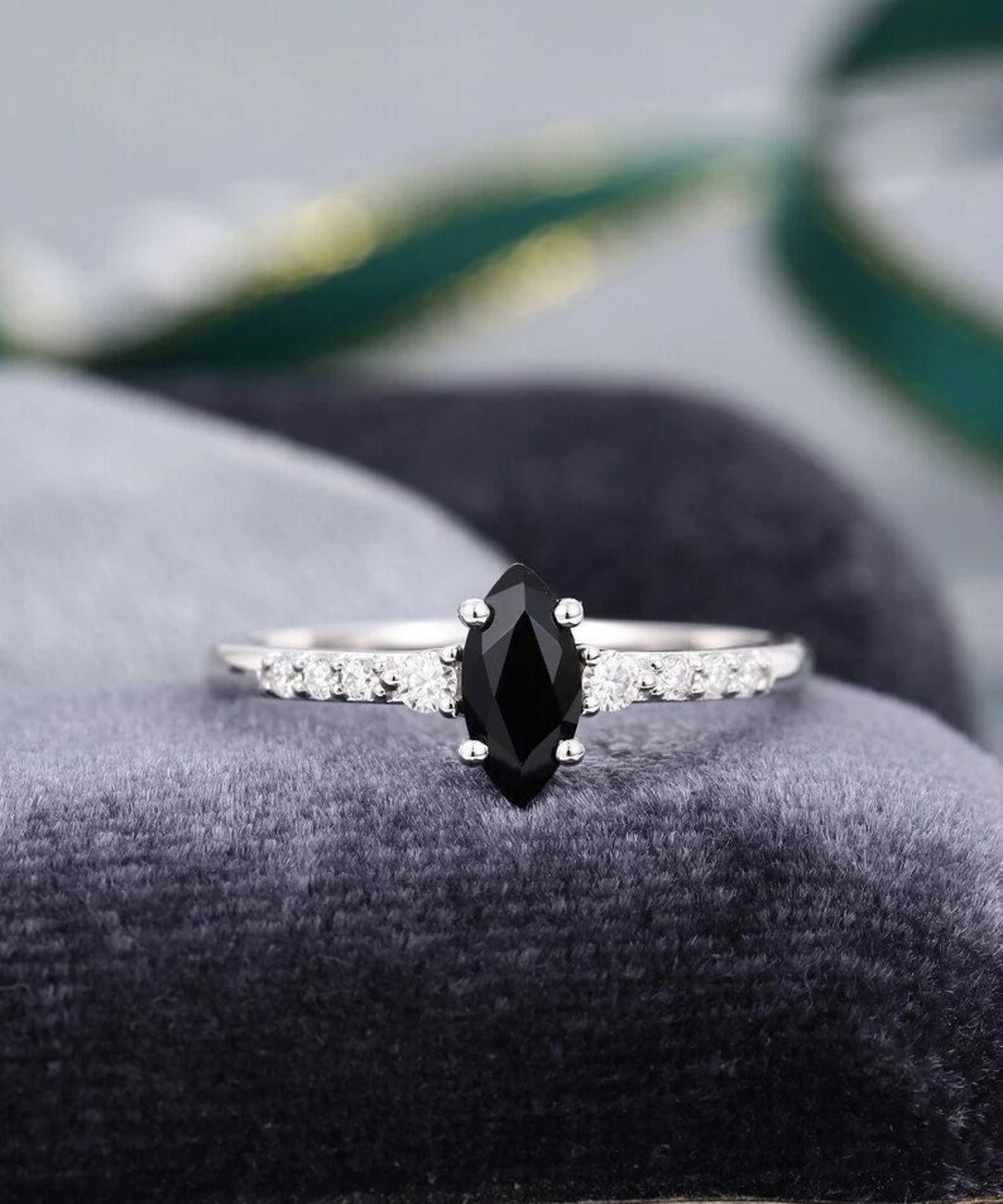 Black Onyx Marquise Cut Engagement Ring, 14k White Gold, Marquise Black ...
