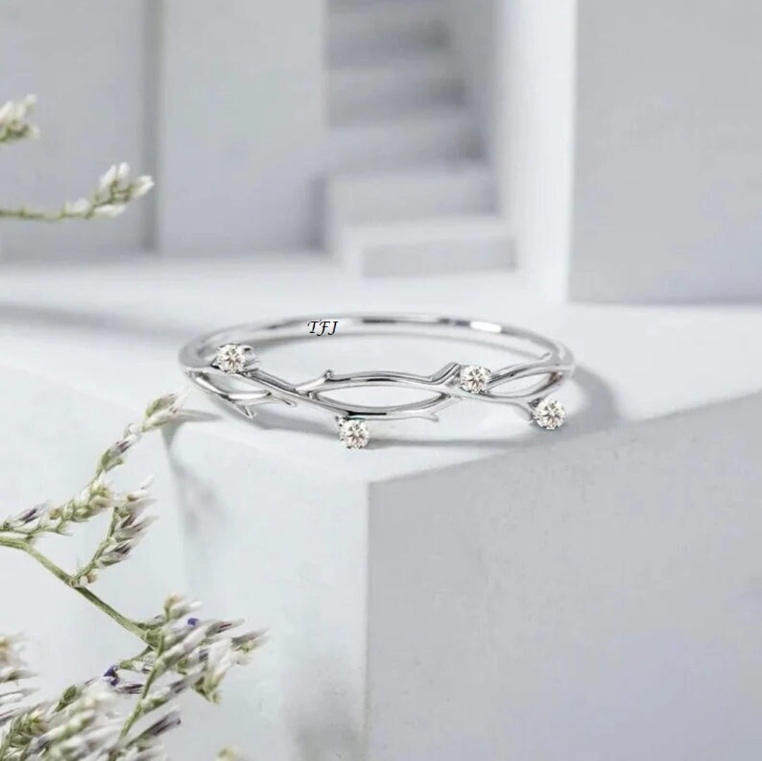 Dainty Twig Ring Set: Sterling Silver Leaf Band With Diamond - Etsy
