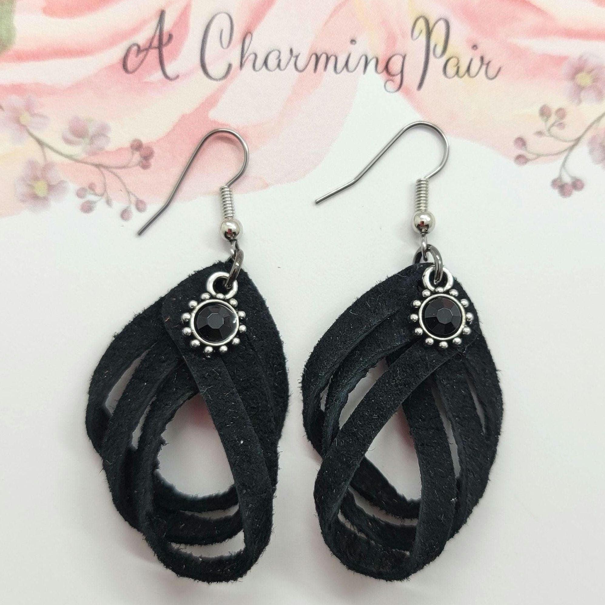 Black Suede Leather Triple Twist Earrings With Black Rhinestones ,twisted Leather Earrings ...
